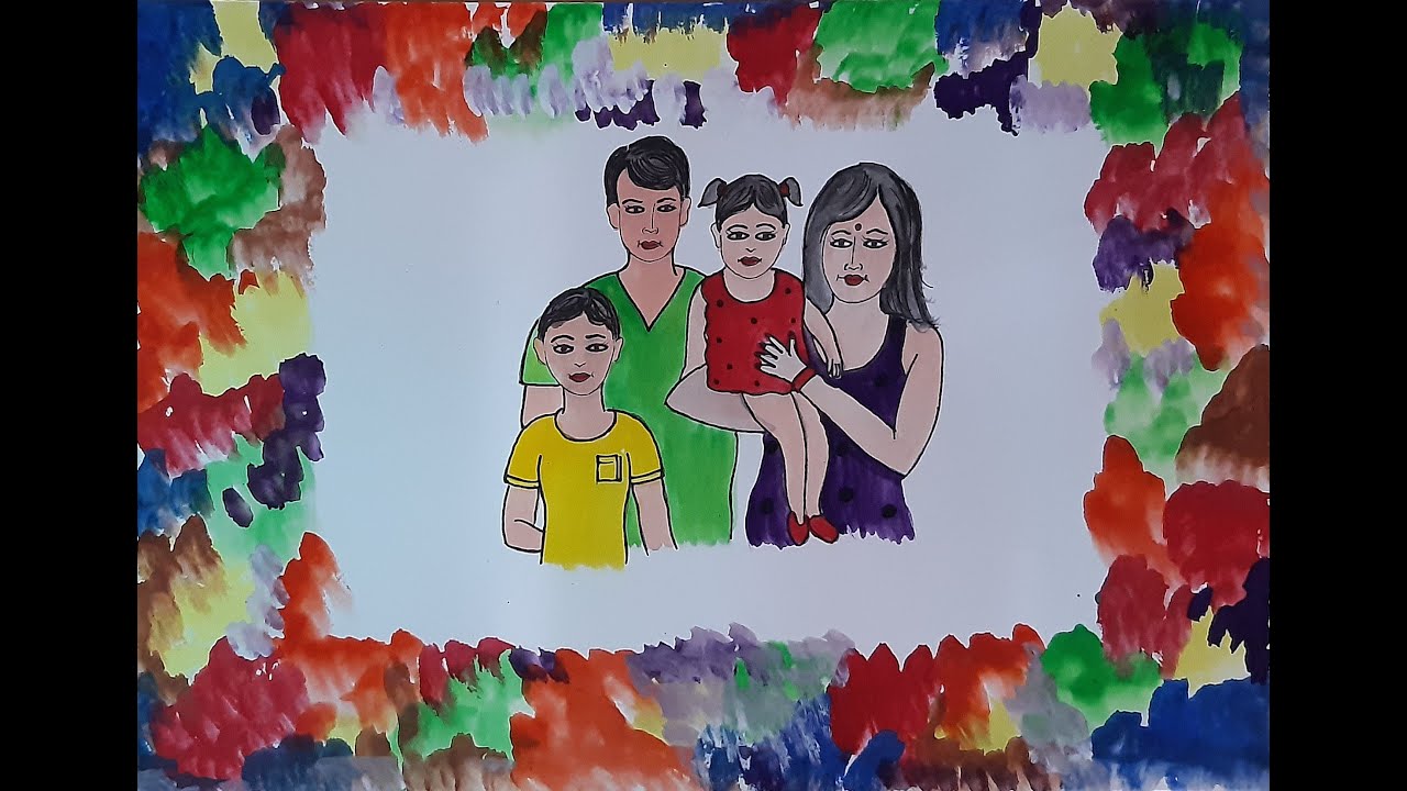 How to draw Happy Family easily l Family drawing with beautiful frame ...