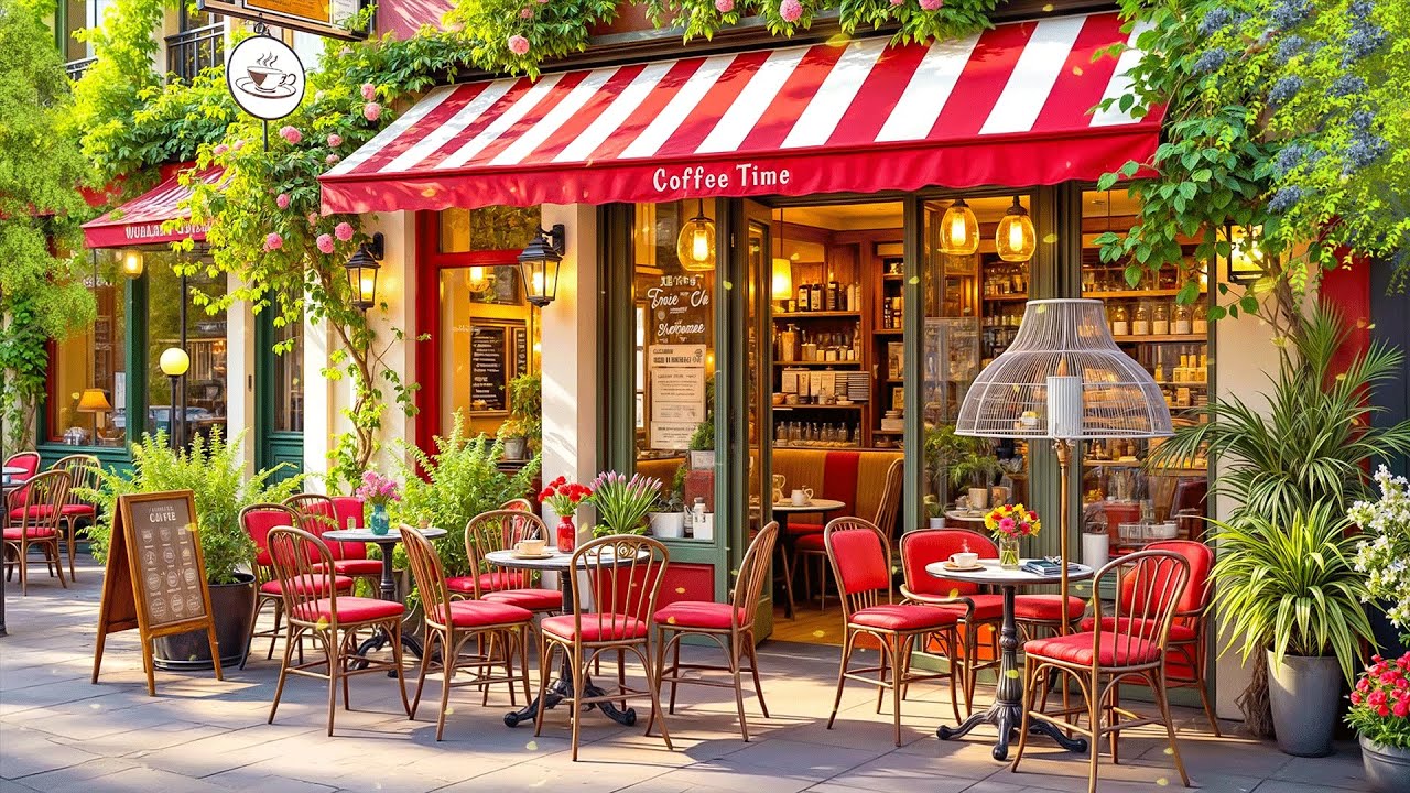 Happy March Jazz ~ Outdoor Coffee Shop Ambience on Spring Morning with ...