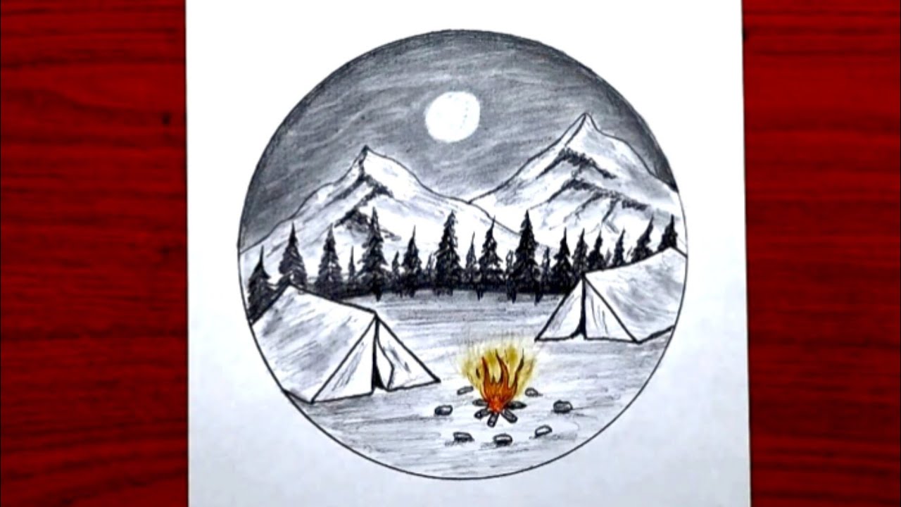 How to Draw a Pencil Camping Landscape Picture Step by Step | Easy ...