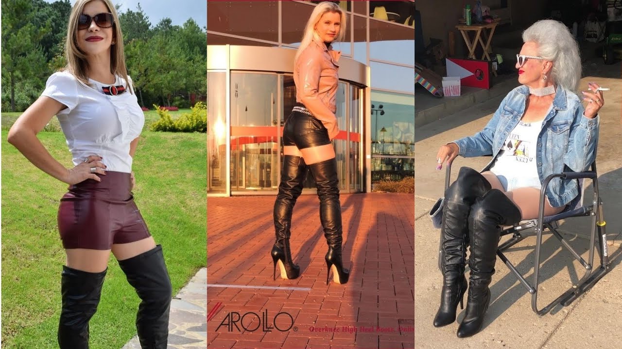 Beautiful Older Women Leather Thigh High Heels with Leather Short Skirts - YouTube