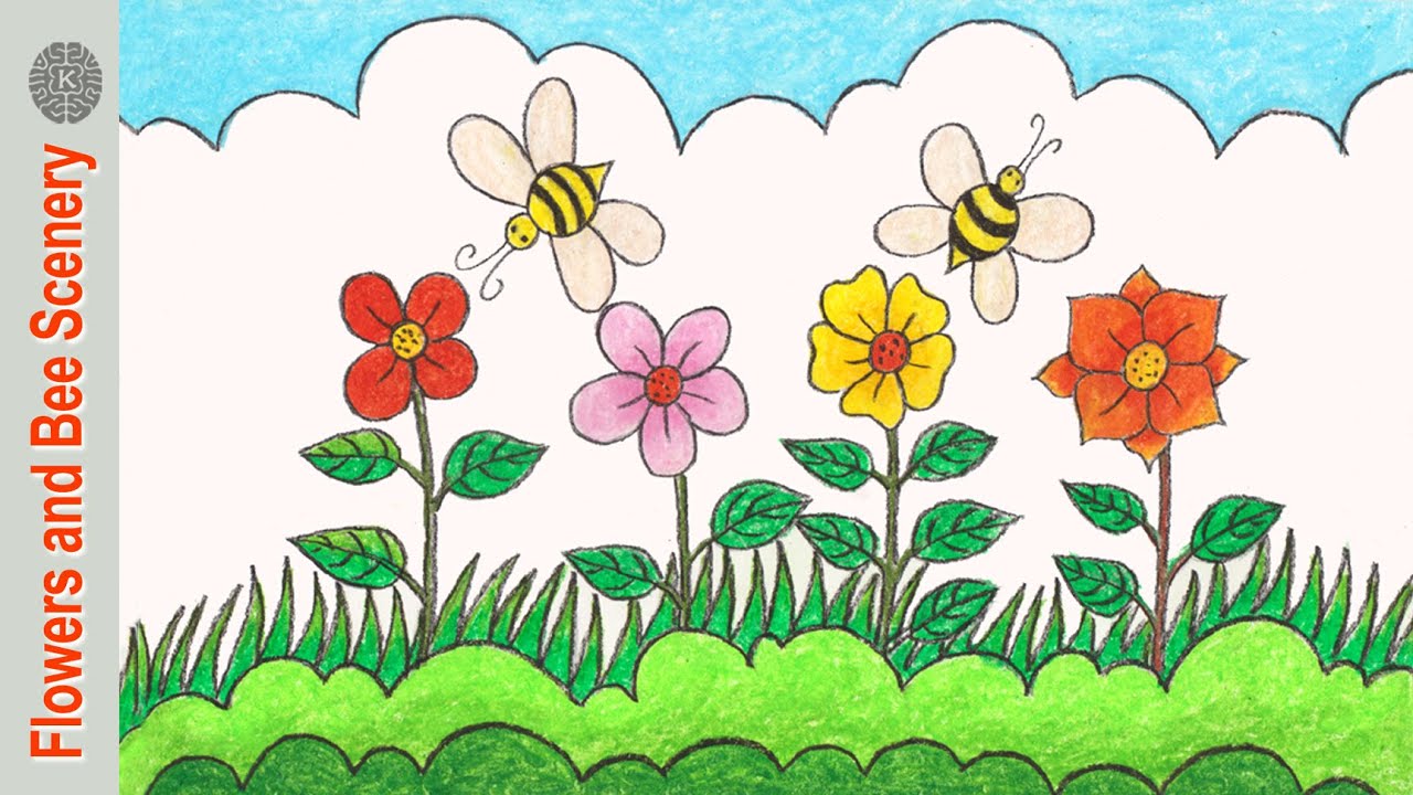 Garden scenery drawing with bee easy step by step honey bees scenery ...