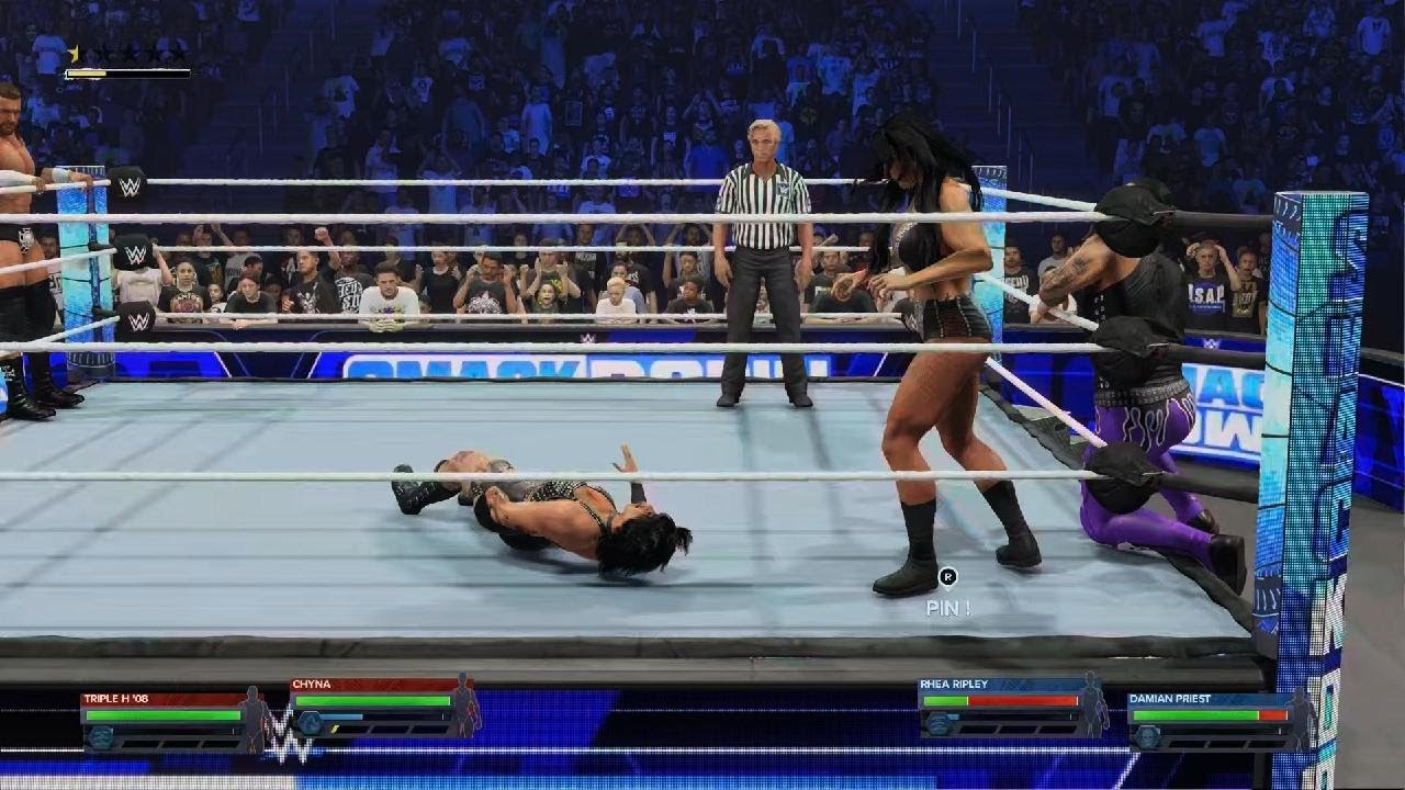 HHH & Chyna Vs Rhea Ripley & Damien Priest - YouTube