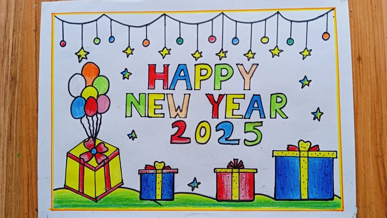 Happy new year drawing Easy|New year poster drawing easy|step by step ...