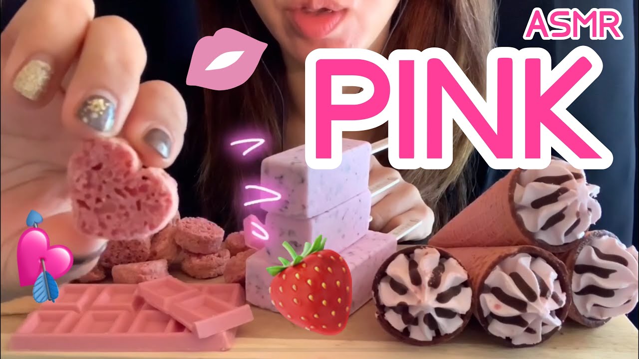 【ASMR】PINK SWEETS🍓 eating sound strawberry - YouTube