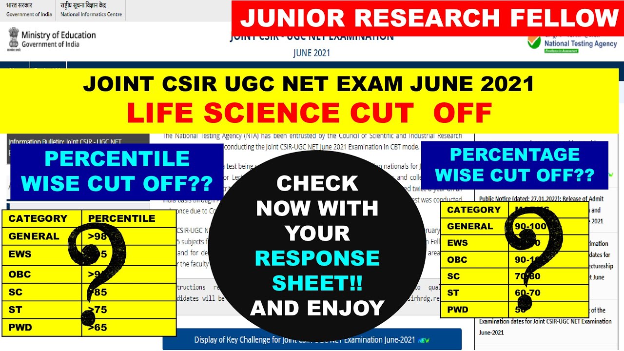 CSIR UGC NET JUNE 2021 CUT OFF FOR LIFE SCIENCES(JRF)!!PERCENTILE AND ...