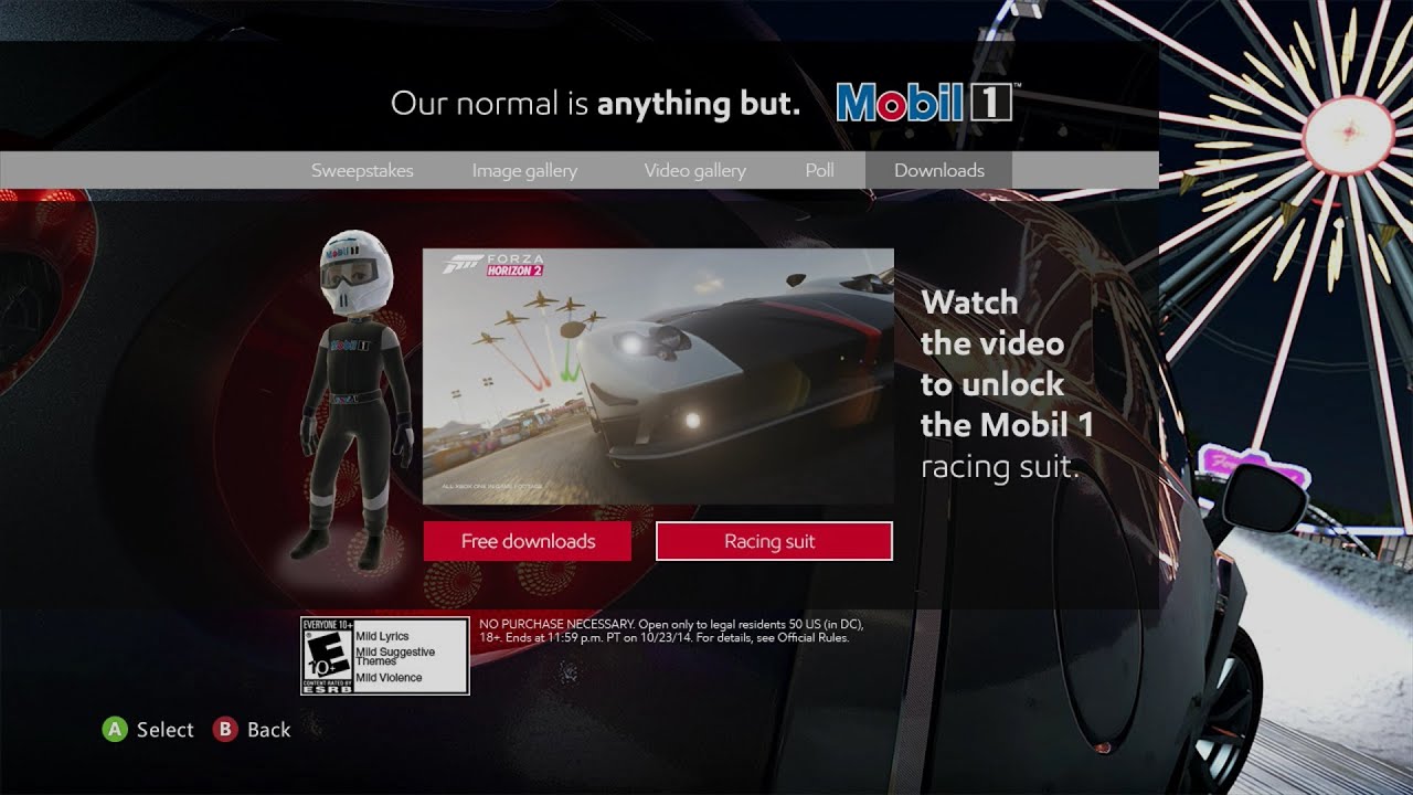Xbox Live free Avatar Prop (Mobil 1 Forza Horizon 2 Racing Suit) - YouTube