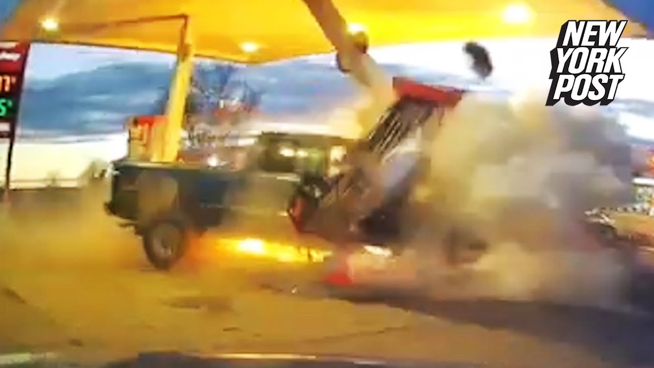Truck crashes through gas station pump like a speeding bullet - YouTube