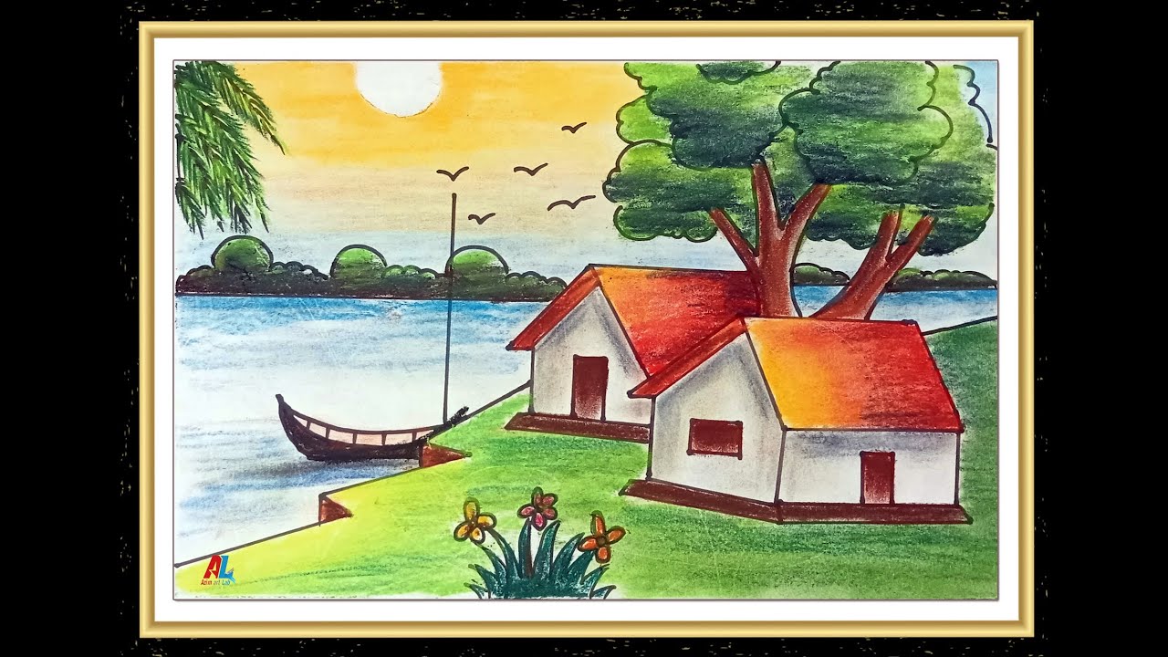 A beautiful view of the village by the river drawing for beginners ...
