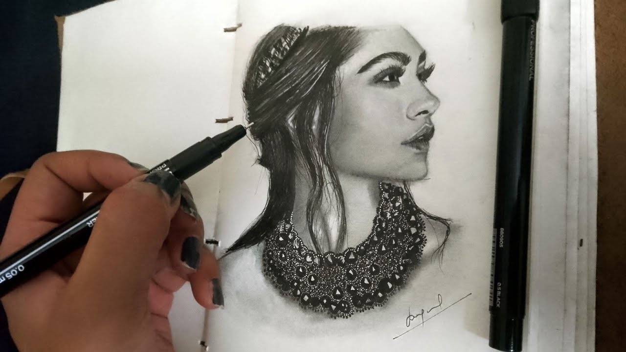 One Ink Pen Art | Female Portrait Drawing😵 - YouTube