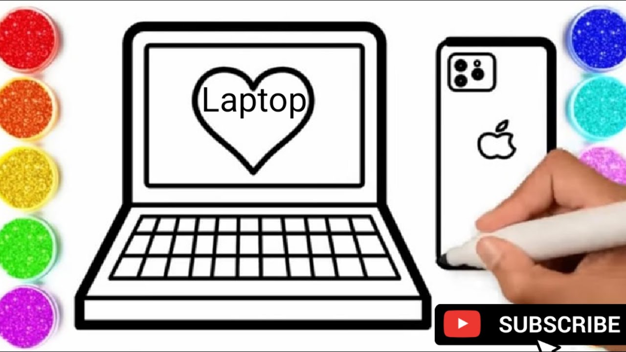 Laptop & iPhone drawing and color for kids how to draw phone लैपटॉप और ...