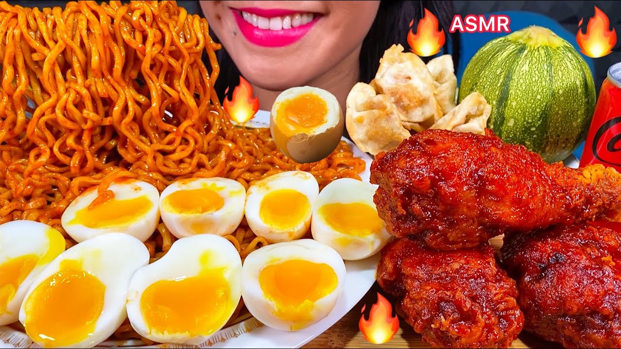 ASMR SPICY NOODLES, SPICY FRIED CHICKEN, SOFT BOILED EGGS, DUMPLING ...