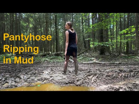 Pantyhose in mud, girl barefoot walking in mud, ripped pantyhose in mud, dirty nylon feet (# 1276)