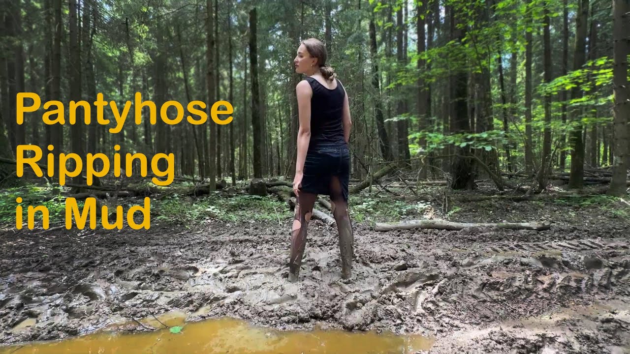 Pantyhose in mud, girl barefoot walking in mud, ripped pantyhose in mud, dirty nylon feet ...