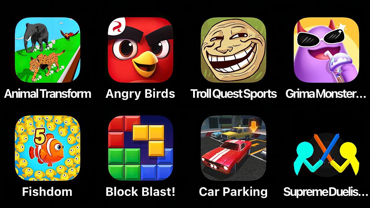 Animal Transform, Angry Birds, Troll Quest Sports, Grimace Monster ...
