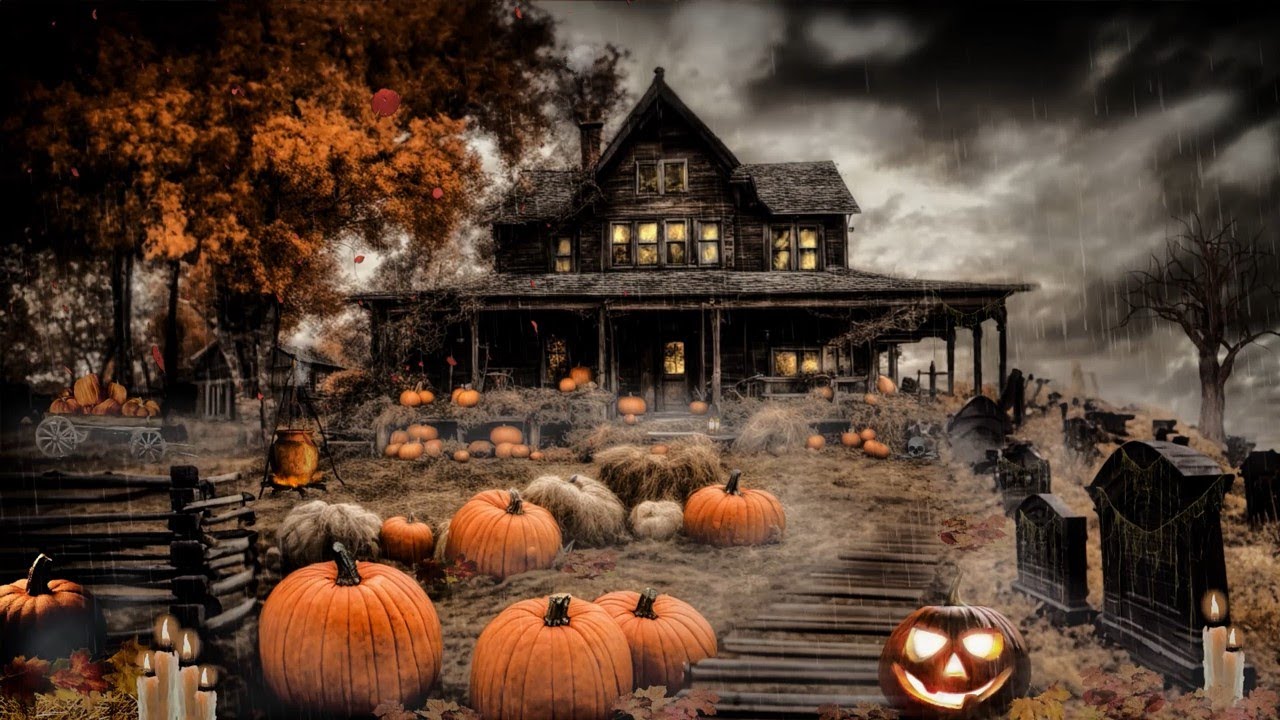 HAUNTED FARMHOUSE HALLOWEEN ASMR- GRAVEYARD & GHOST- RAIN- PUMPKINS ...