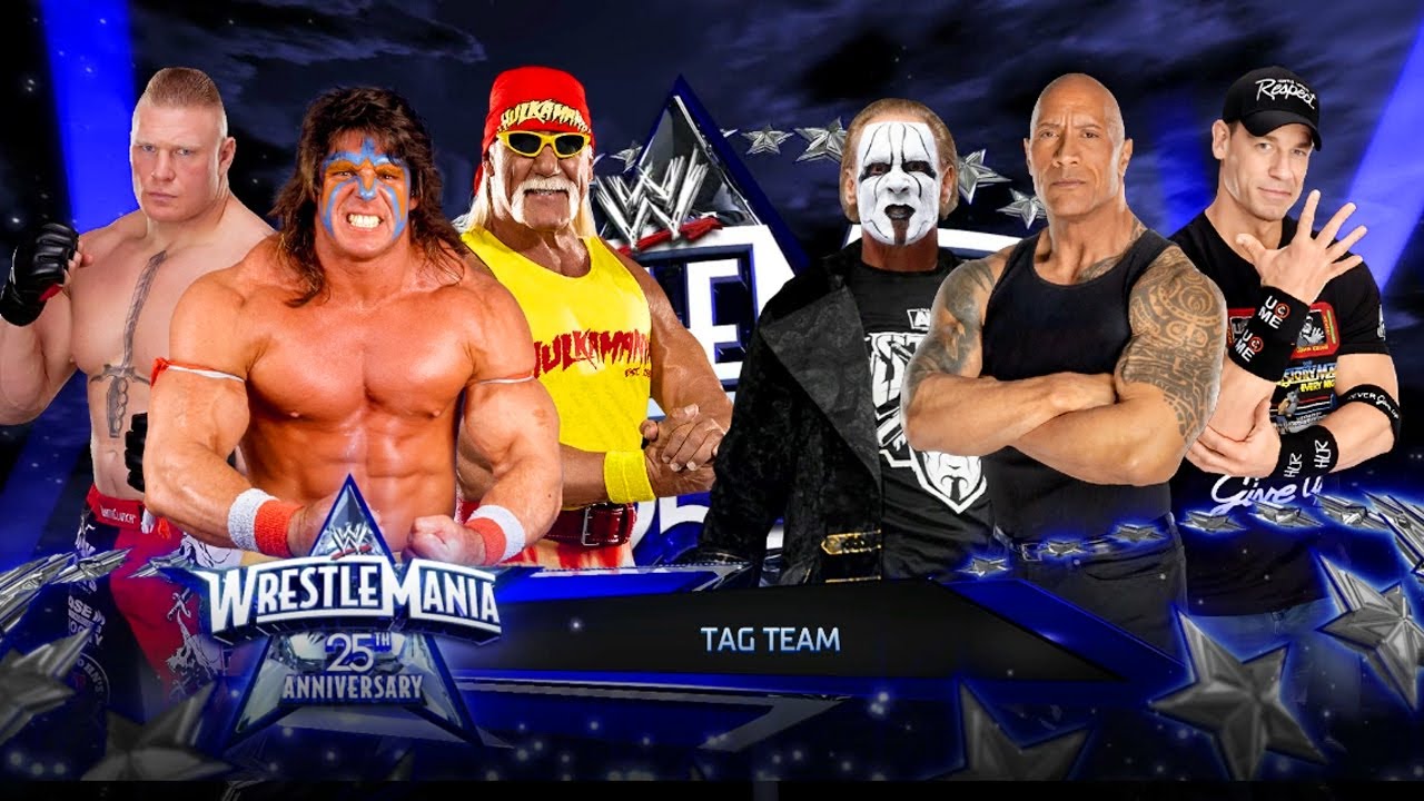Ultimate Warrior Brock Lesnar & Hulk Hogan vs. Dwayne Johnson Sting ...