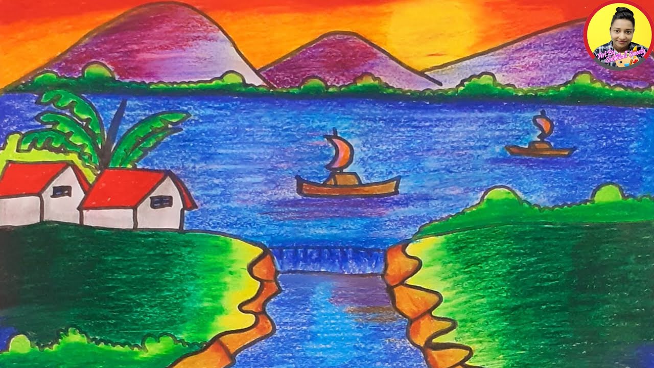How to draw a view of a house near a river at sunset for beginners ...