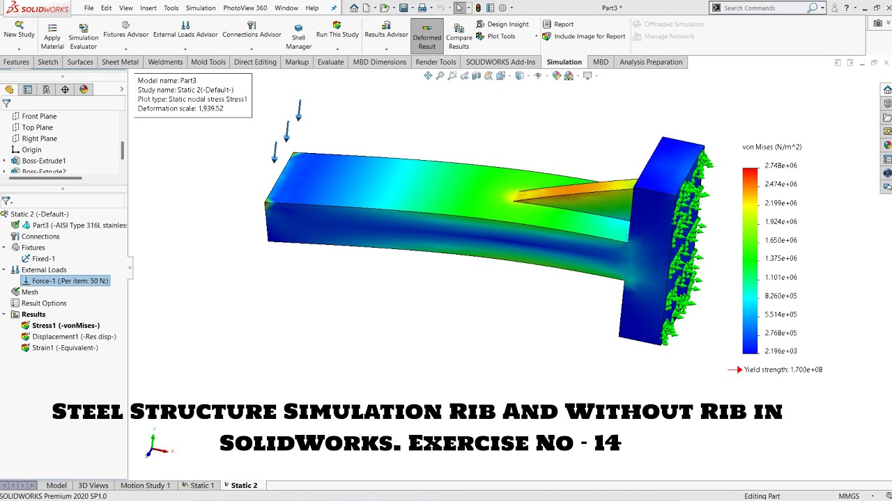 Steel Structure Simulation Rib and Without Rib in SolidWorks. Exercise ...
