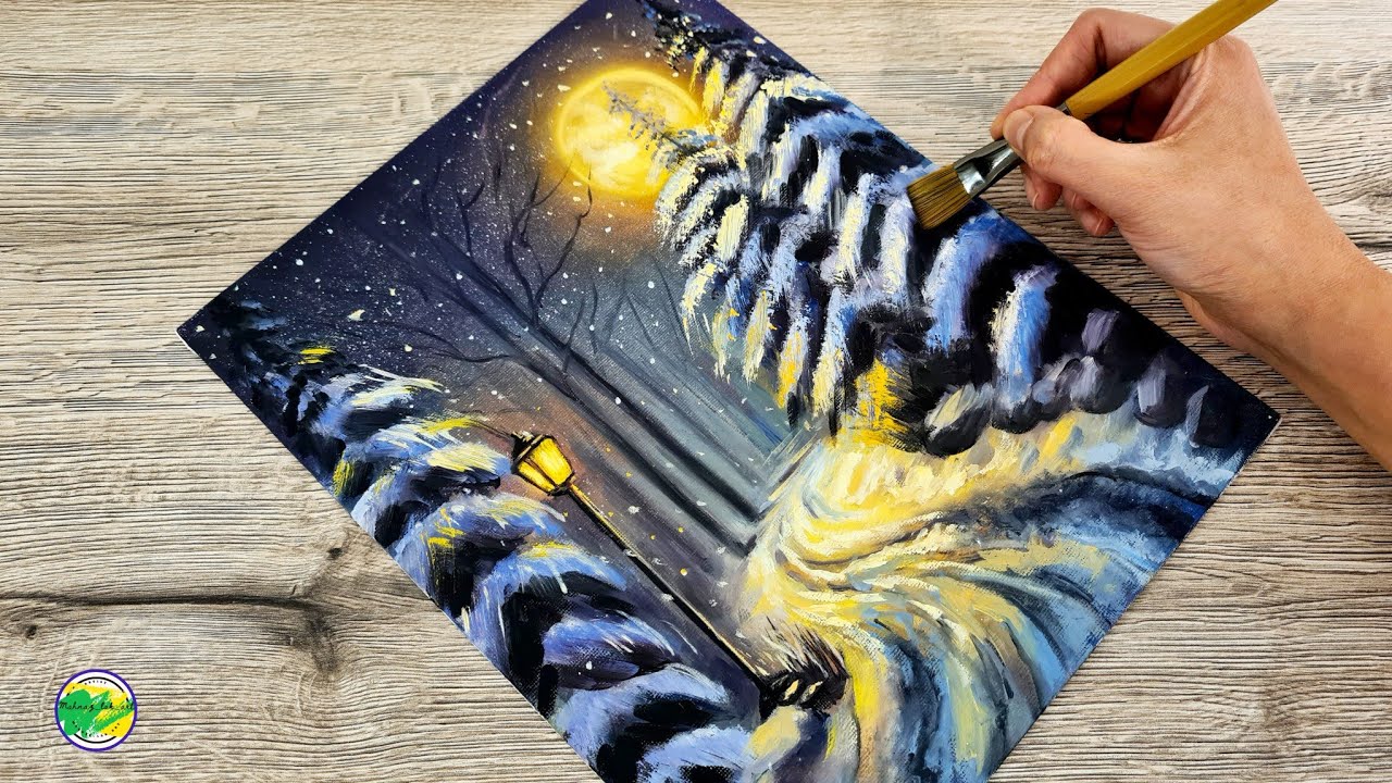 How to Paint a Moonlit Snowy Night| Winter Landscape Tutorial - YouTube