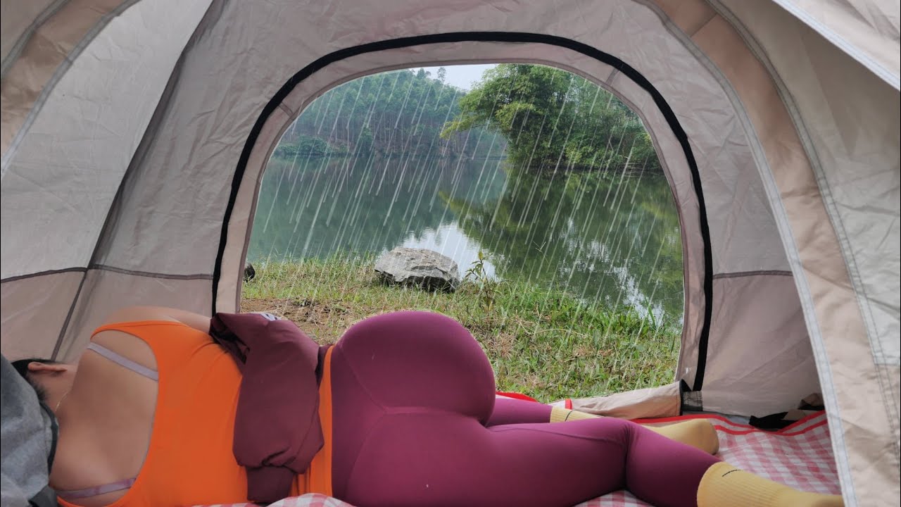 1 Day Solo camping in deep forest with big waterfall, relax, sound of ...