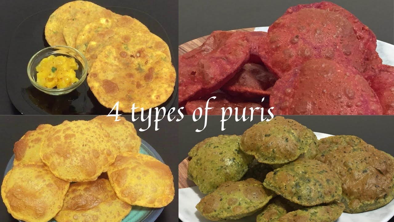 4 Types of Poori|4 तरह की पुरी की रेसिपी|Beet,Palak,Masala, Paneer ...