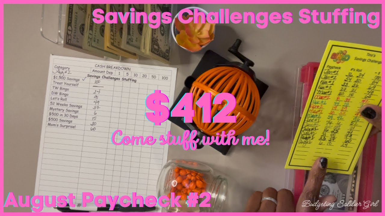 August Paycheck #2 | Savings Challenges Stuffing | $412 - YouTube