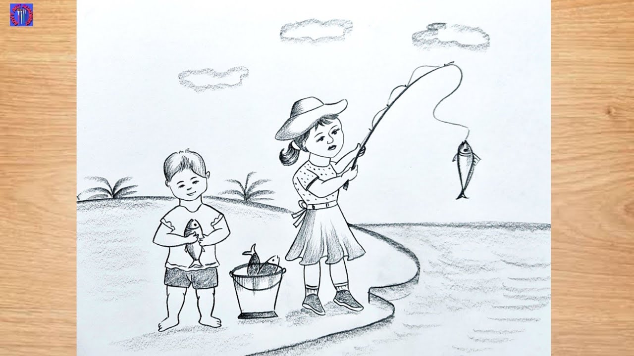 How to draw a cute little girl and boy fishing || draw a girl fishing ...