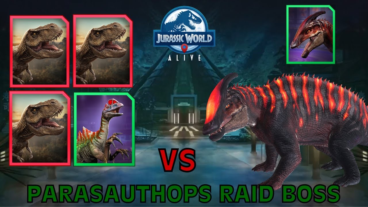 Jurassic World Alive - 3 Rexy & 1 Diloracherius vs Parasauthops Raid ...