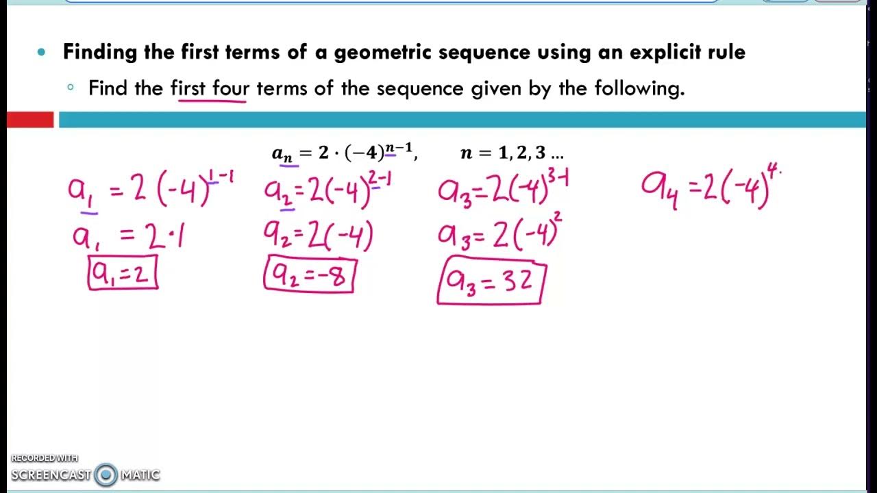 Finding the first terms of a geometric sequence using an explicit rule ...