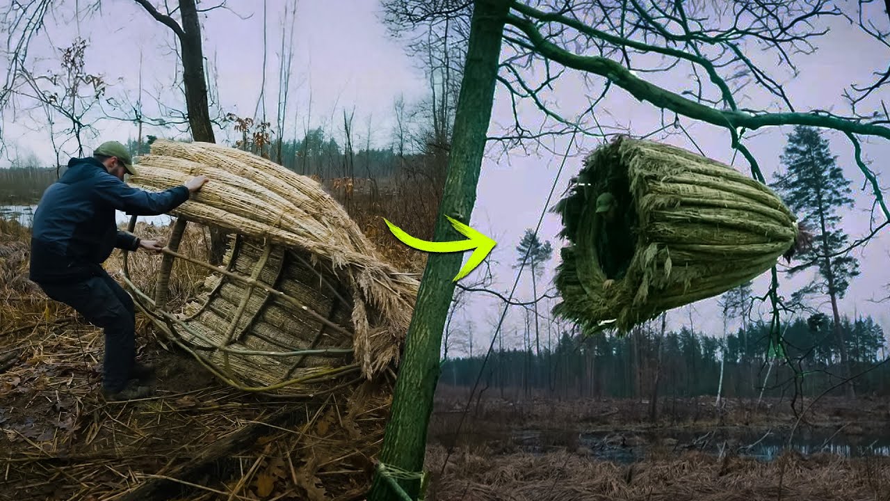 Treehouse Above Water: Reed Survival Nest Bushcraft Build ...