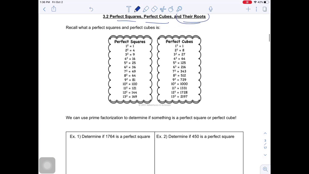 Math 10C Chapter 3.2 Perfect Squares, Perfect Cubes, and Roots using ...