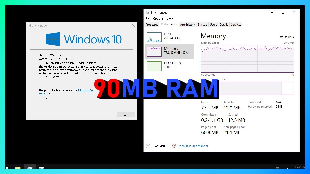 Windows 10 running on 90MB RAM *WORLD RECORD* - YouTube