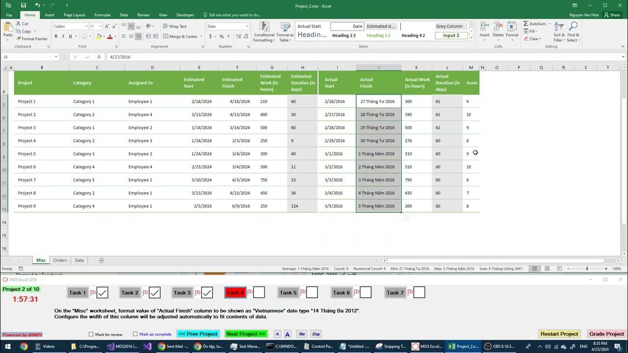 Exercise1 Project2 MOS Excel 2016 (x7 Task) - YouTube
