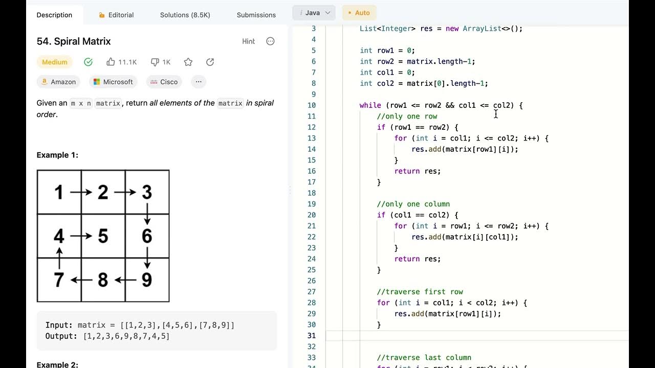 Leetcode 54 Spiral Matrix 中文解题思路 Java Matrix Youtube