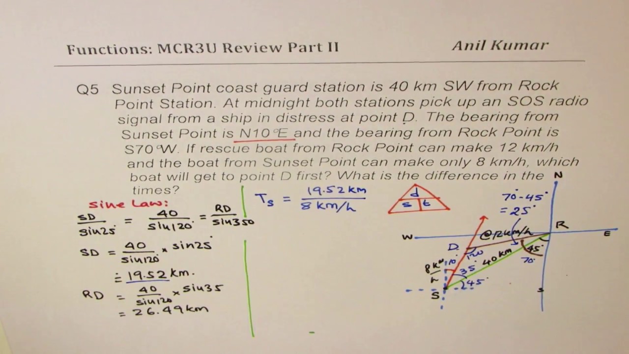 Locate Boat and Find Time to Reach Application Sine Cosine Law ...