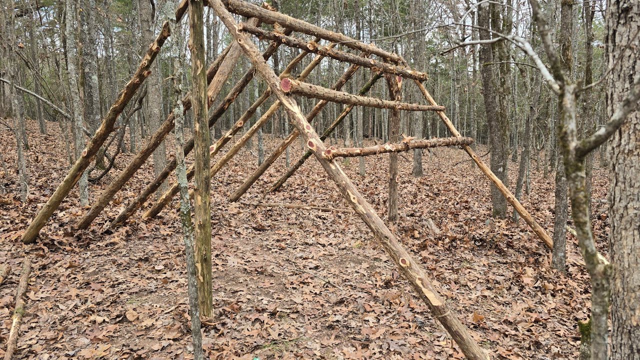Building a BUSHCRAFT shelter with power tools in the woods - YouTube
