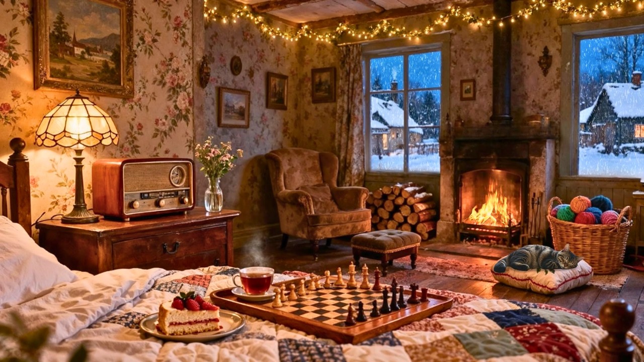 Oldies Playing in Another Room ️ Warm Winter Night by the Fireplace ...