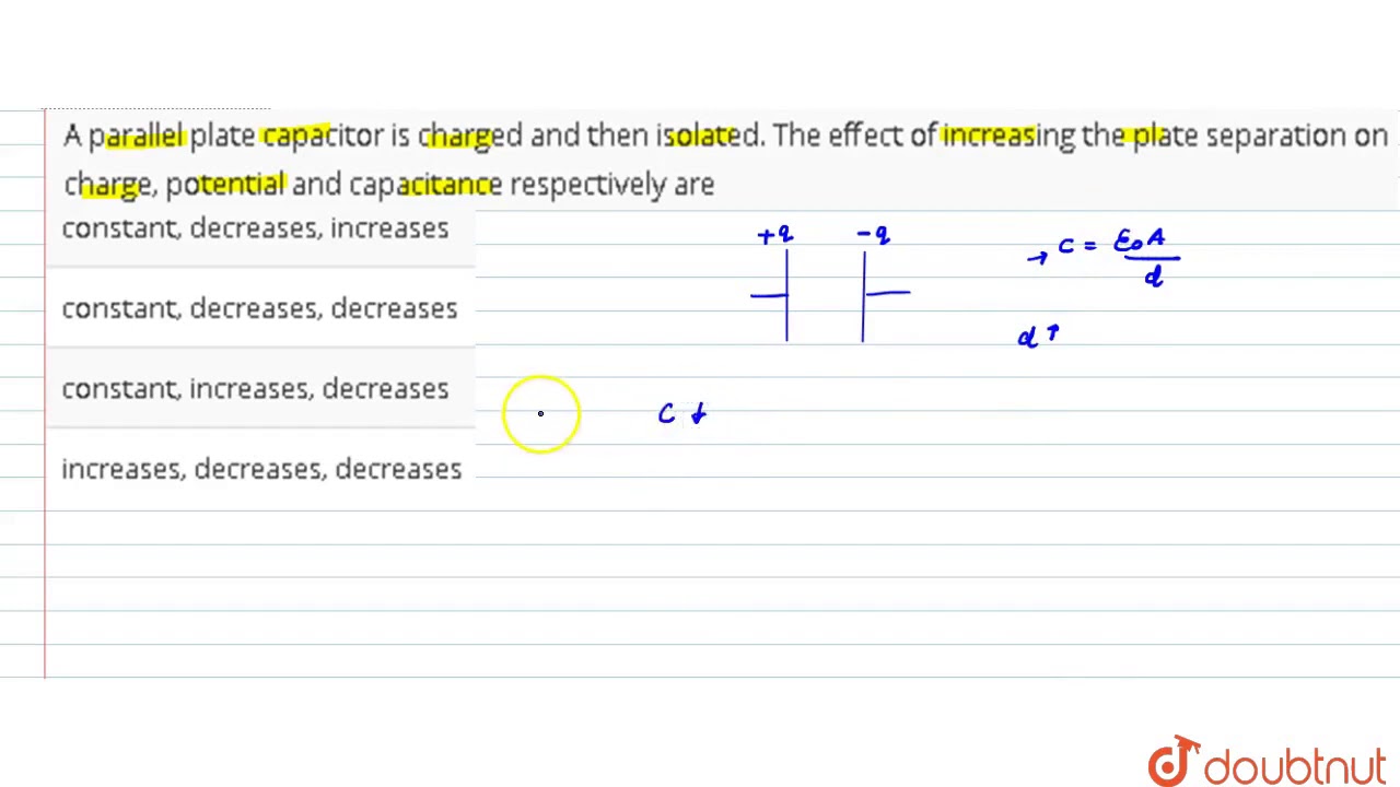 A parallel plate capacitor is charged and then isolated. The effect of ...