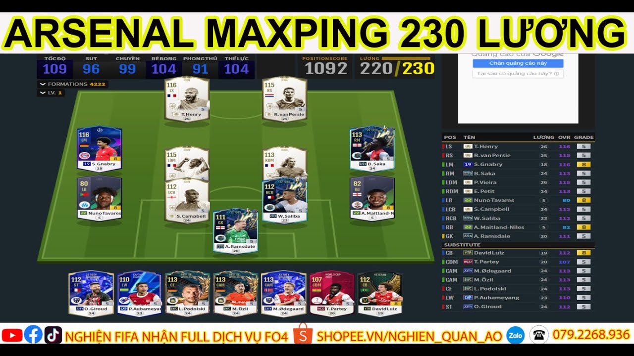 REVIEW FO4 - ARSENAL UPDATE MỚI NHẤT 230 lương - Xây Dựng Team Arsenal ...