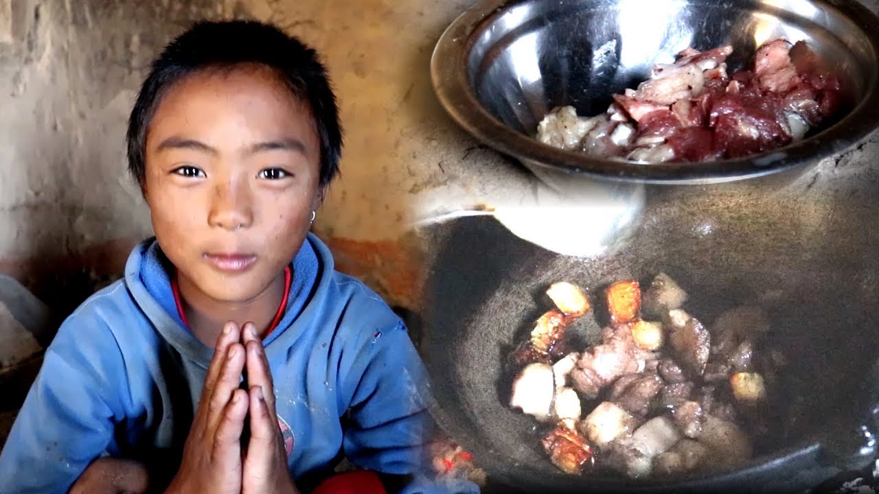 Village Child Cook || Cooking Pork Fry Curry || Meat Vs Little Boy ...