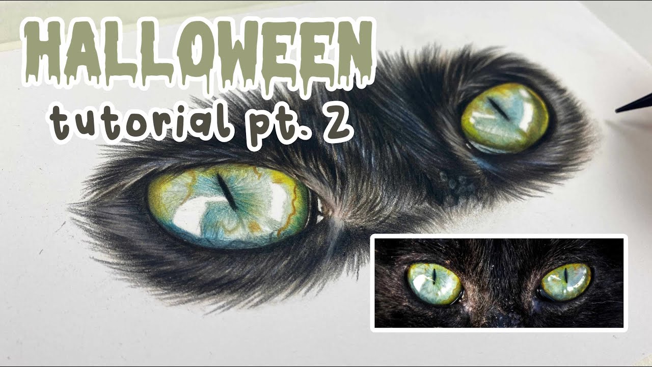 Black Cat Eyes Coloured Pencil Tutorial | Halloween Drawing Tutorial ...