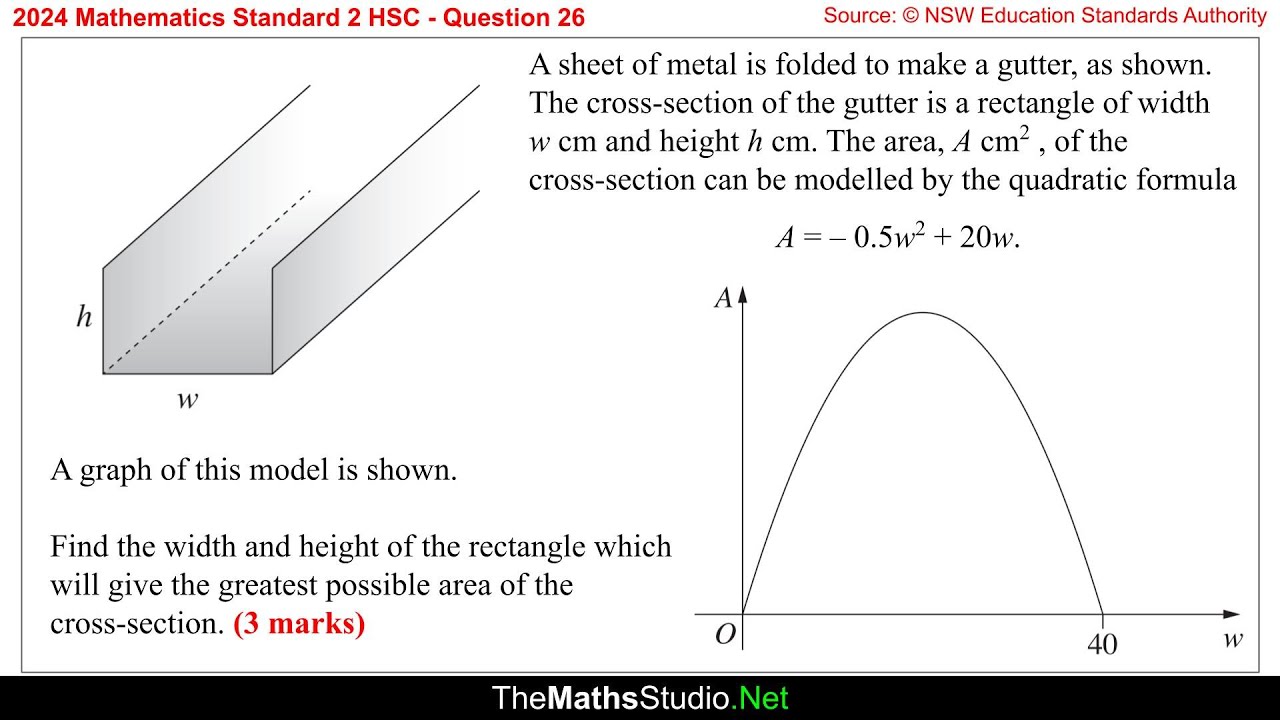 2024 Maths Standard 2 HSC Q26 Find dimensions of maximum area of ...