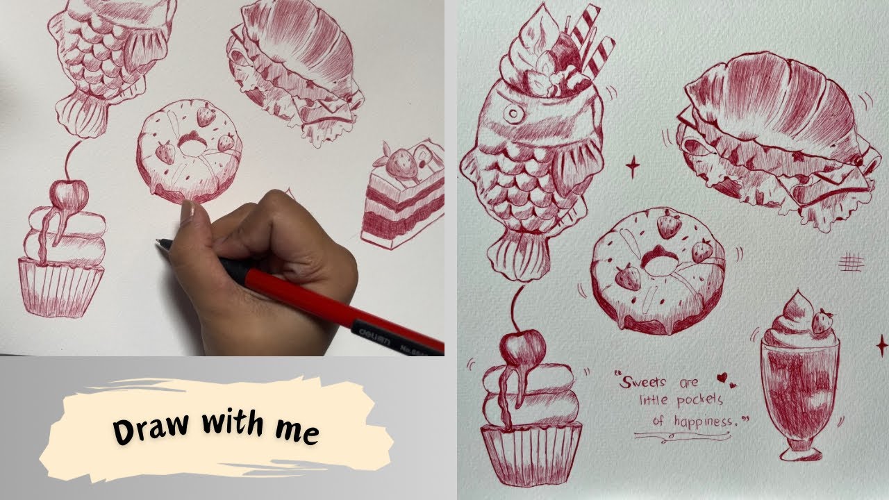 Draw with me | Food illustration using ballpoint pen, no talking ...