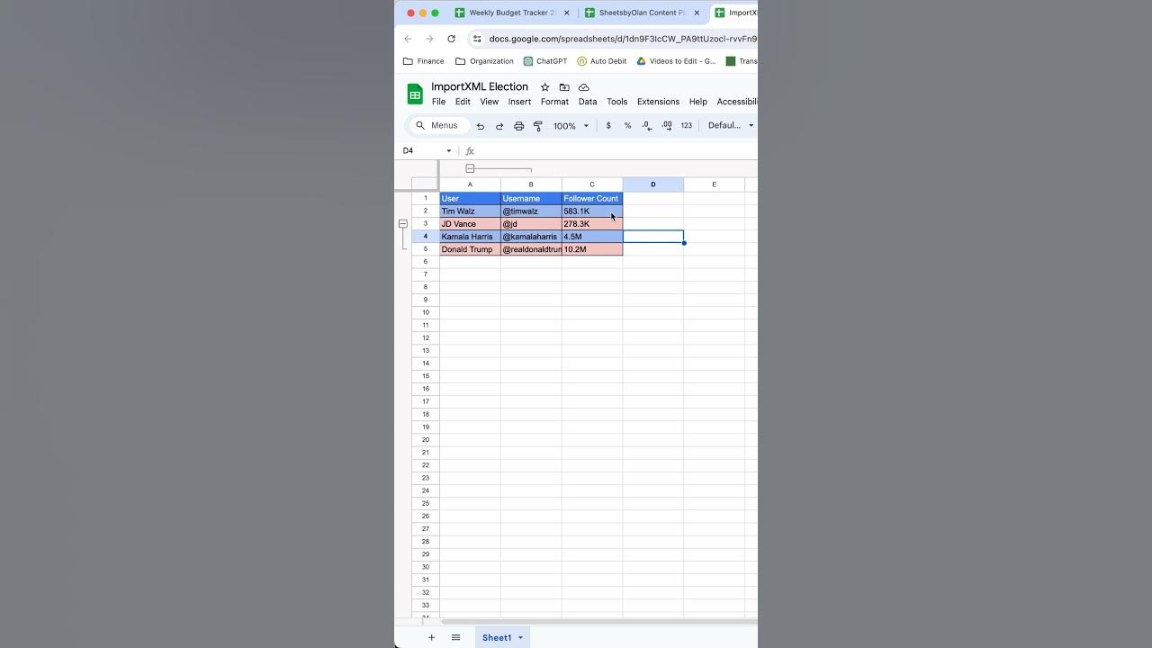 Dynamically update your importXML formula to use a single formula to get data for several users ...