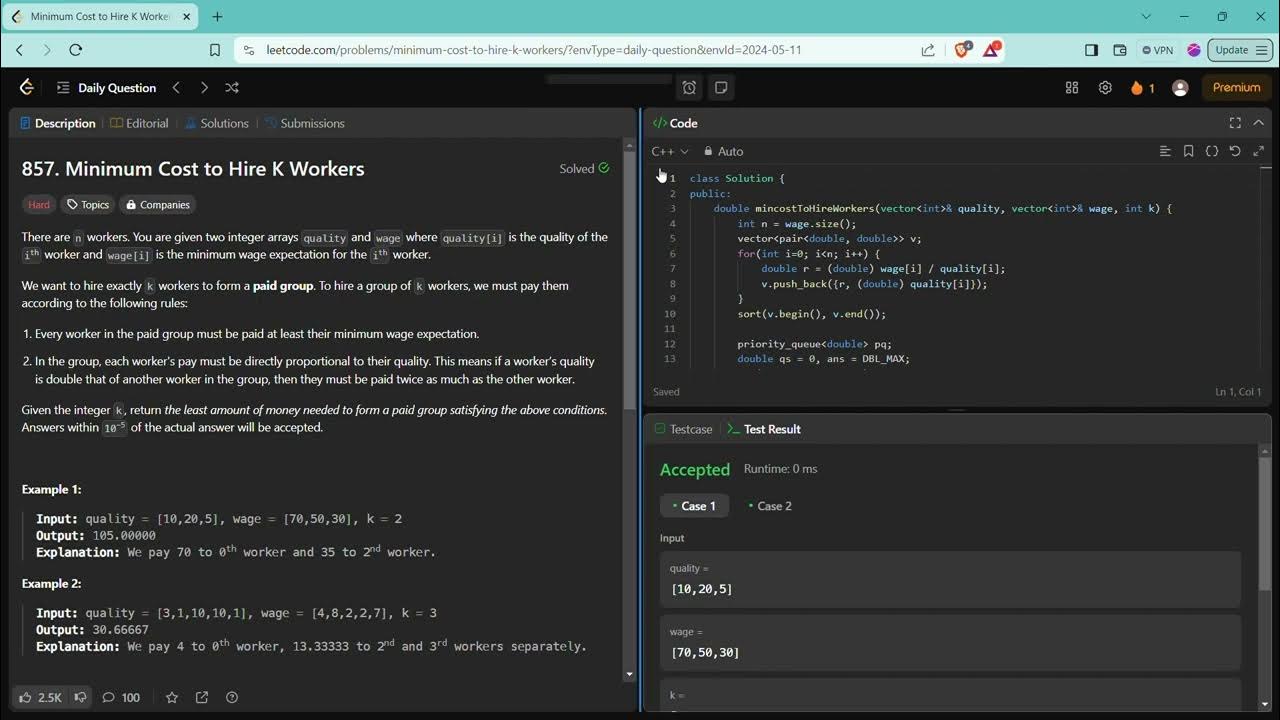 Leetcode 857 Minimum Cost To Hire K Workers Youtube