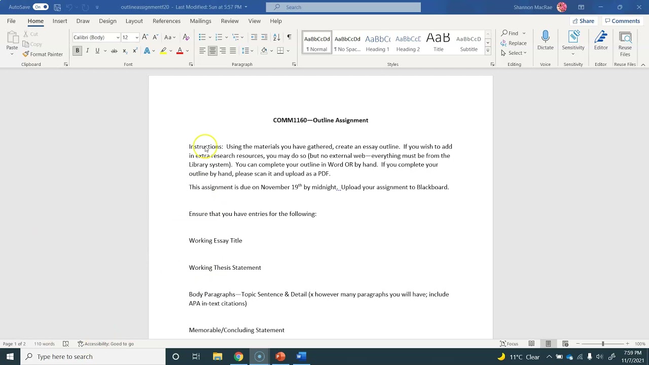 COMM1160, Week 9, Video 3, Outline Assignment Instructions - YouTube