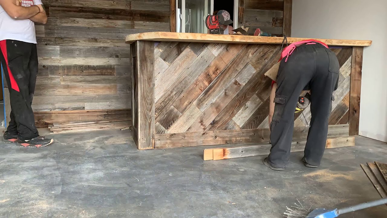 Reclaimed Barn wood Accent P.O.S counter install wall Time Lapse - YouTube