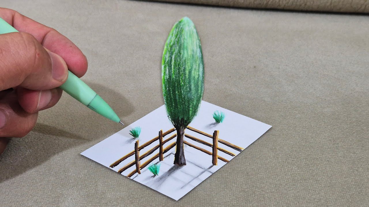 3d drawing tree on pper for beginners - YouTube