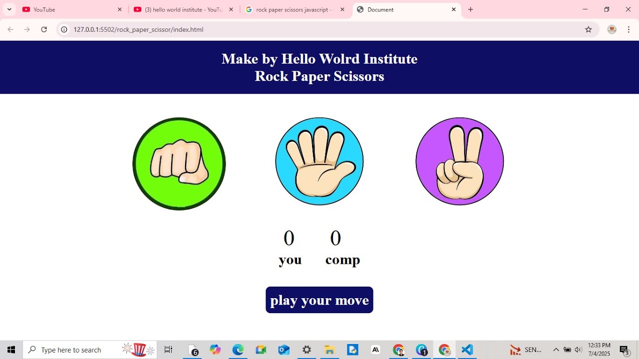 javascript rock paper scissors game - YouTube