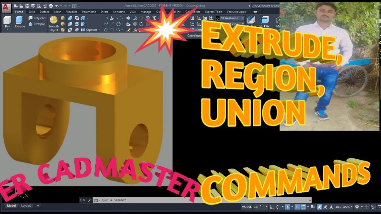EXTRUDE, REGION, SUBTRACT, UNION IMPORTANTS COMMANDS IN 3D - YouTube
